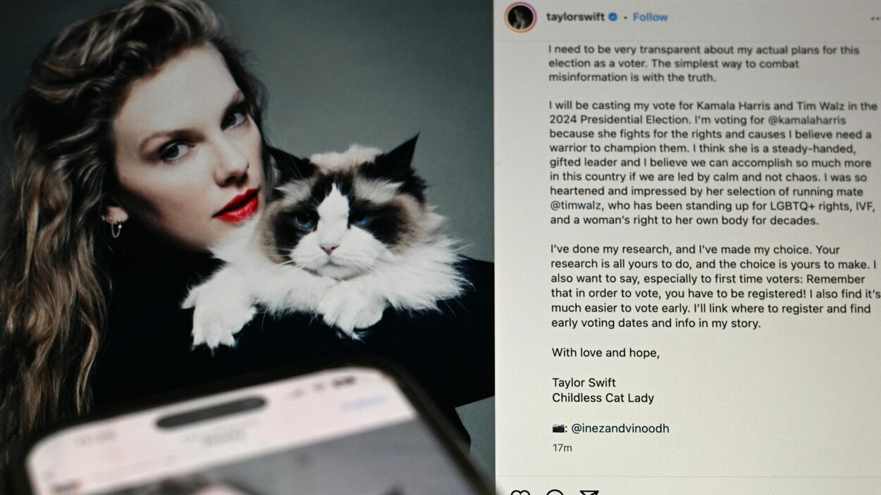 Taylor Swift soutient Harris et signe femme à chats sans enfant | Brève | Radio-Canada