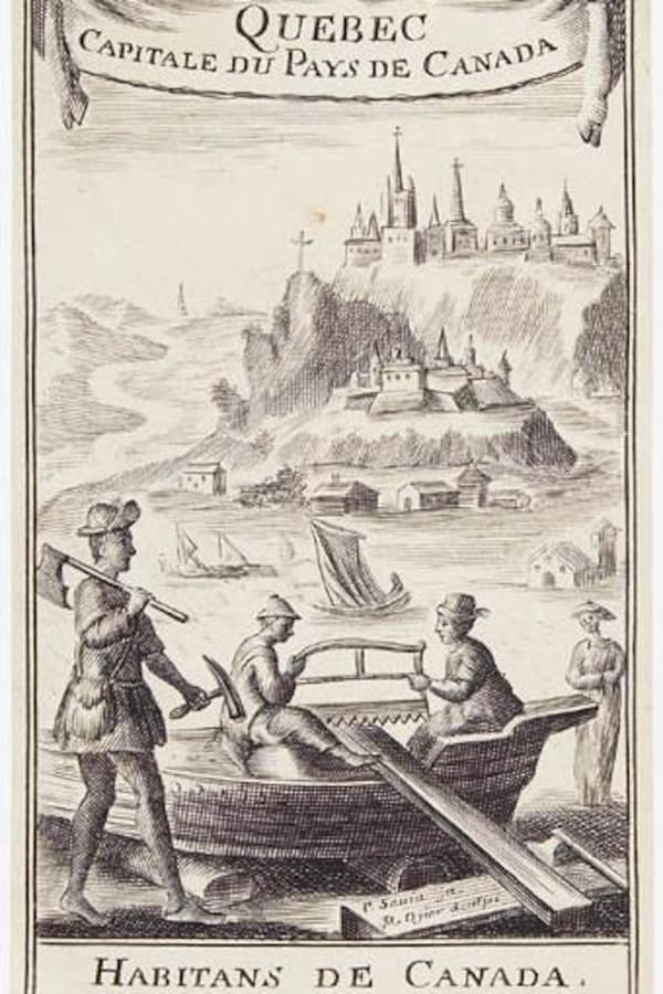 Des colons construisent une embarcation avec, en arrière-plan, la ville de Québec sur cette gravure représentant la vie en Nouvelle-France.