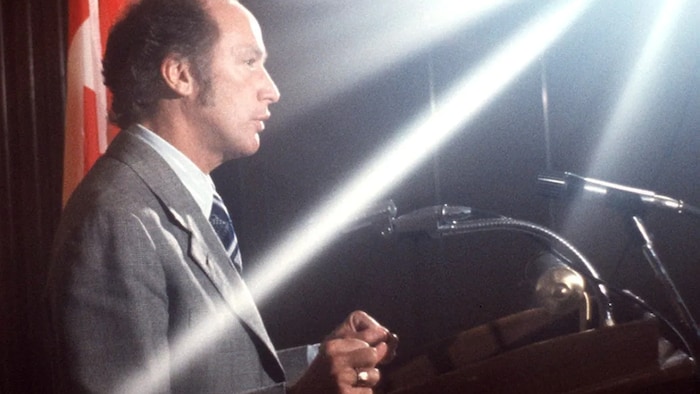 Prime Minister Pierre Trudeau gives a speech on election night Oct. 30 ...