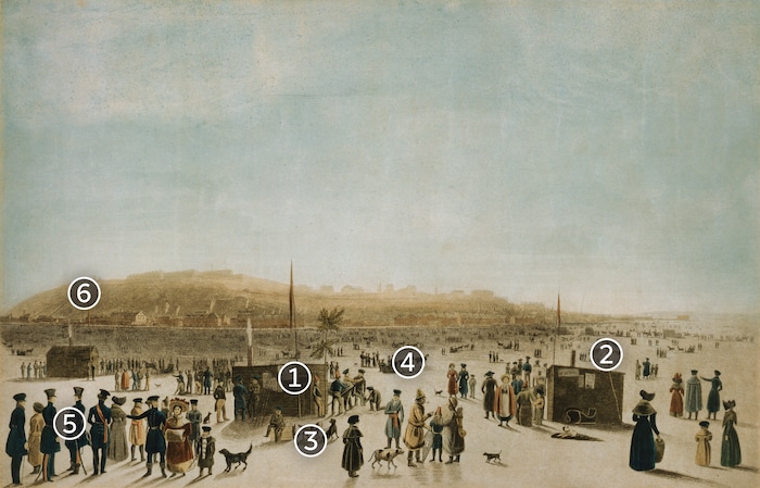 Zoom sur le pont de glace entre Québec et Lévis en 1831 | Radio-Canada