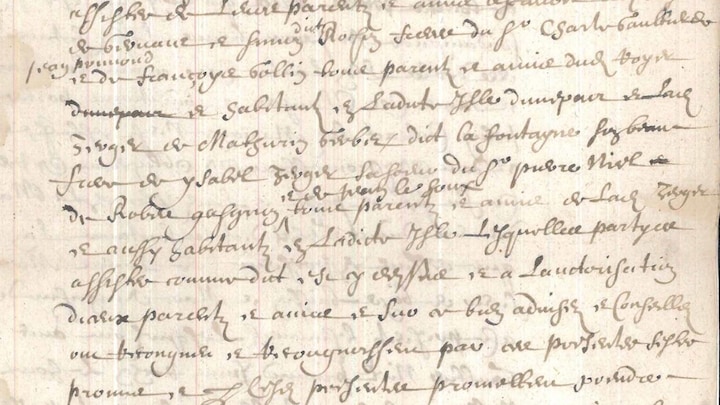 Gros plan sur une feuille manuscrite de 1663 représentant l'acte de mariage entre Marie Targer, fille du Roy, et Jean Royer.