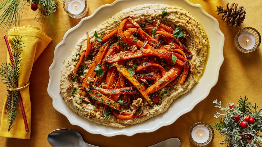 Trempette de chou-fleur rôti et haricots blancs, carottes glacées au ...