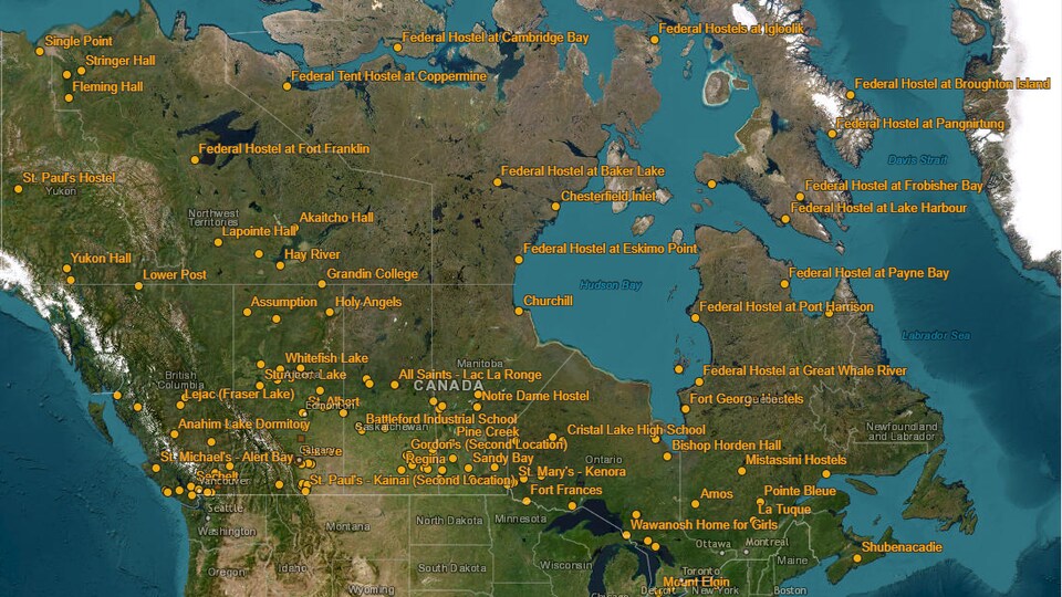 Une carte pour situer les pensionnats pour Autochtones